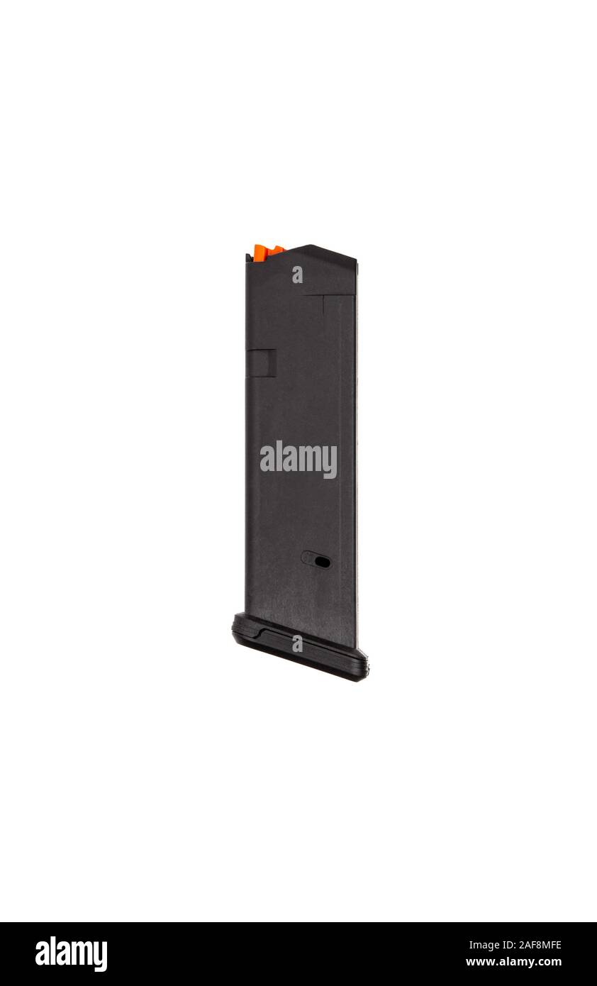 Handgun magazine on white surface. Clip for a modern semi-automatic ...