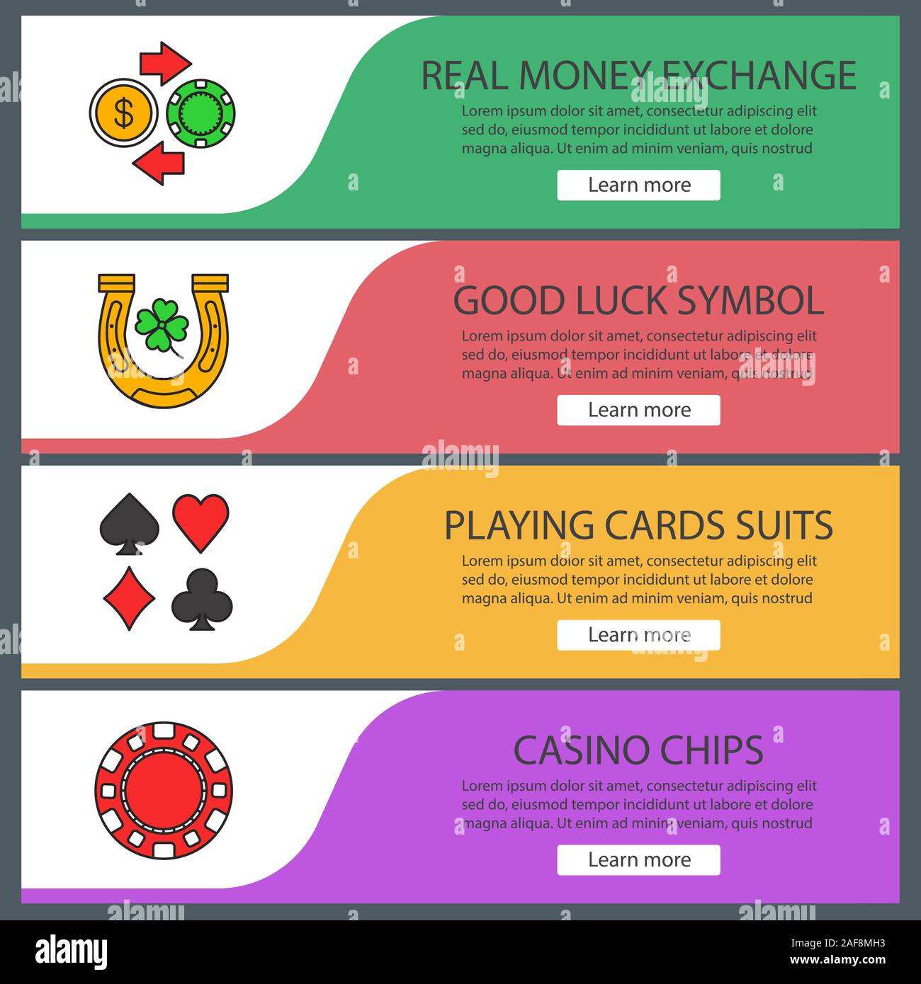 Casino web banner templates set. Real money exchange, good luck symbol ...