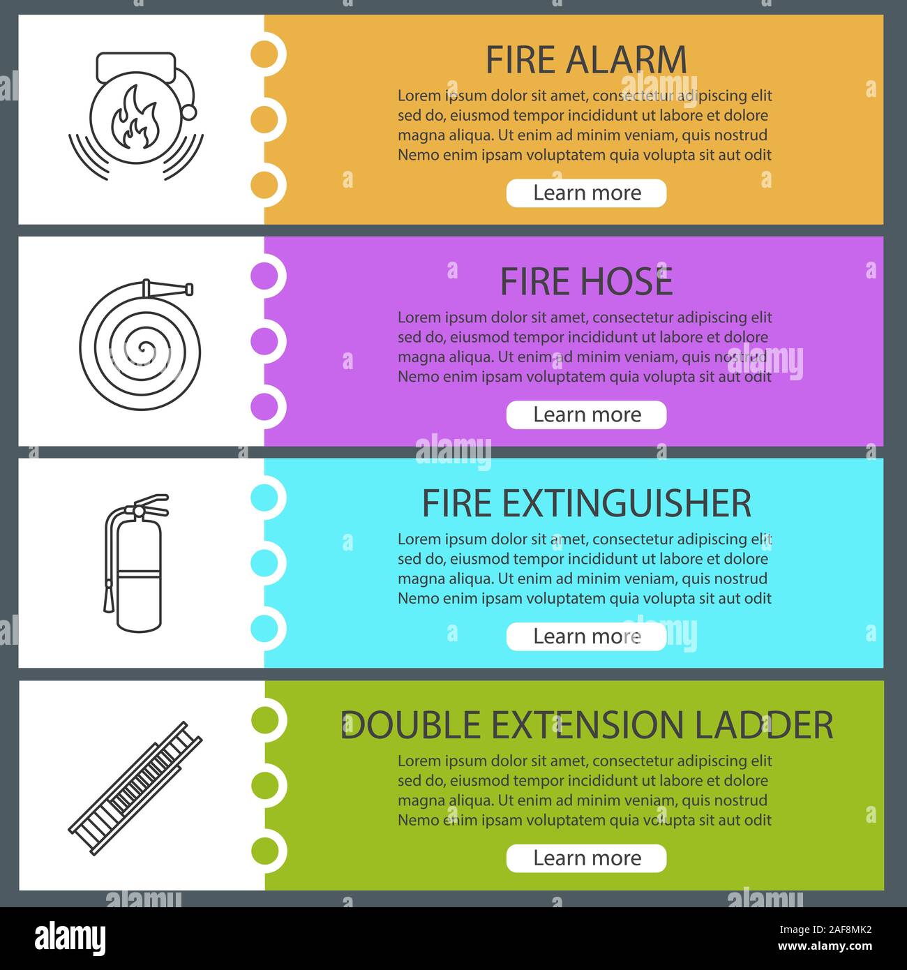 Firefighting web banner templates set. Alarm bag, fire hose ...
