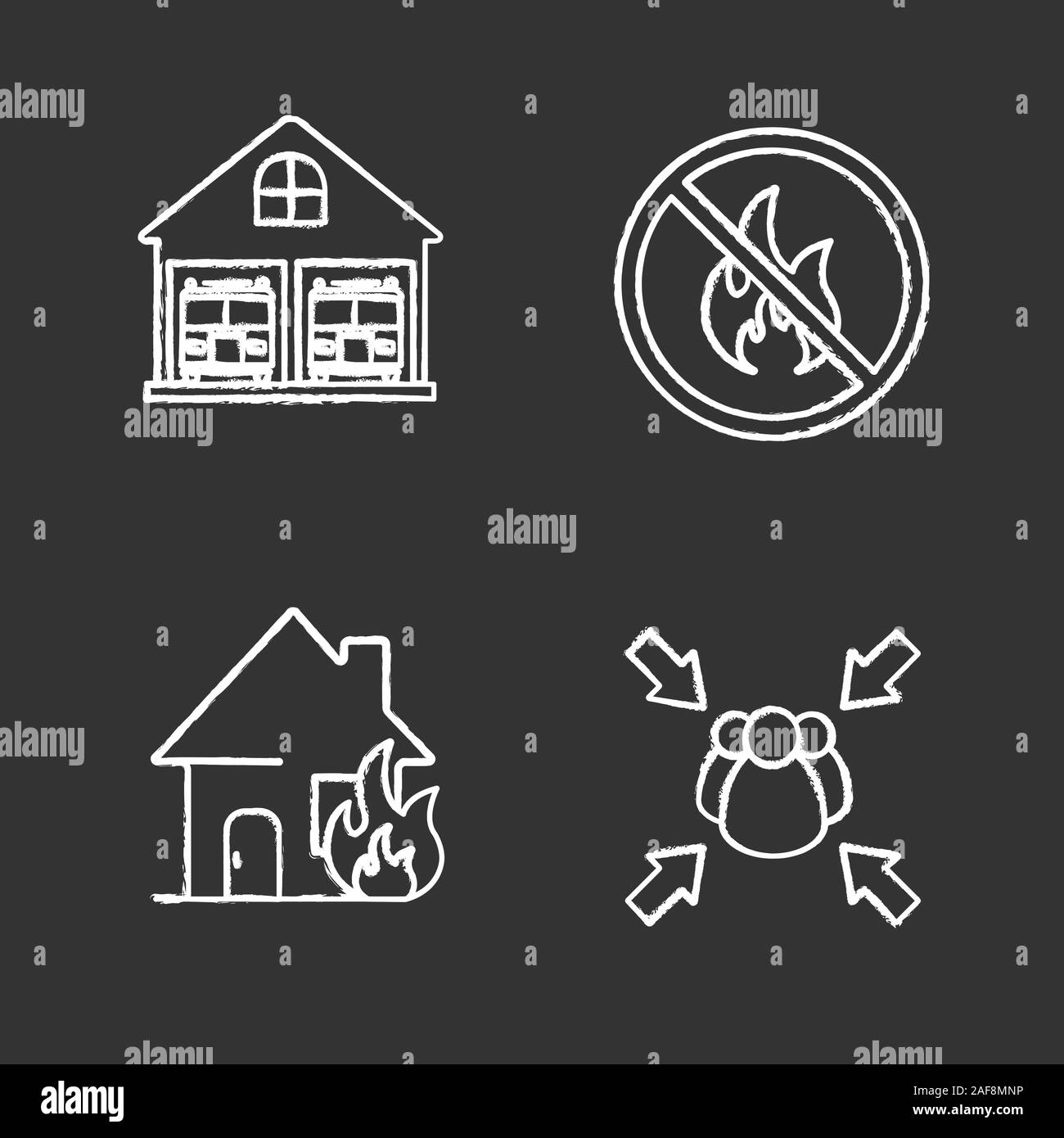 Firefighting chalk icons set. Burning house, fire station, fire ...