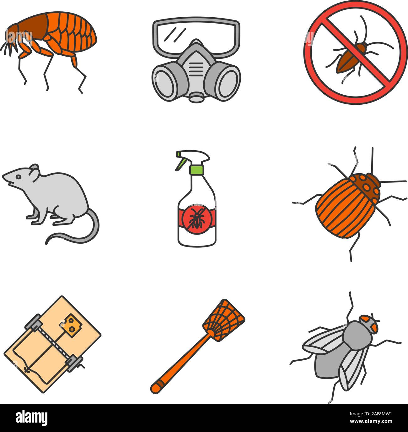 Pest control color icons set. Flea, respirator, cockroaches repellent ...