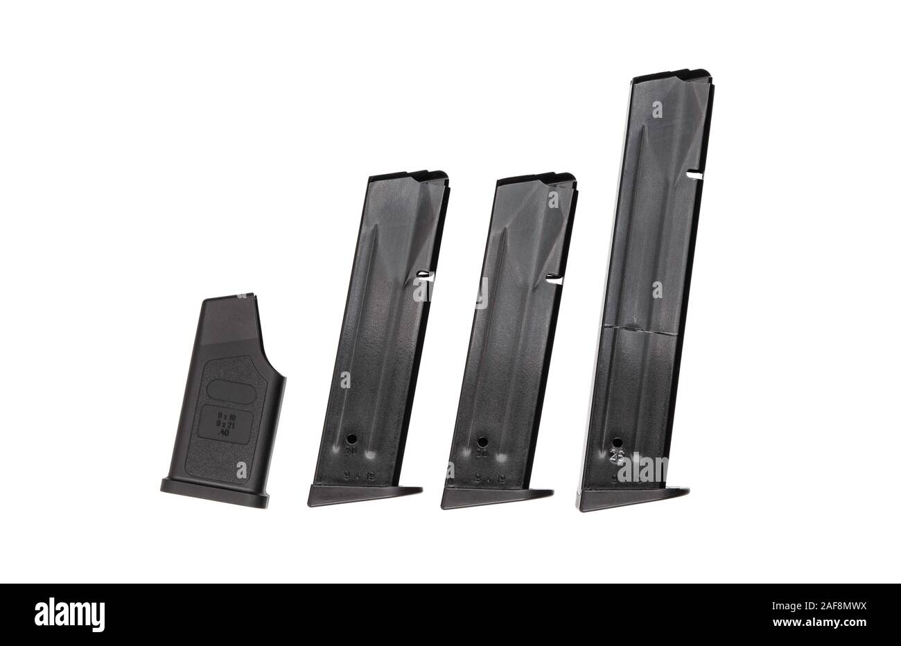 Handgun magazine on white surface. Clip for a modern semi-automatic ...