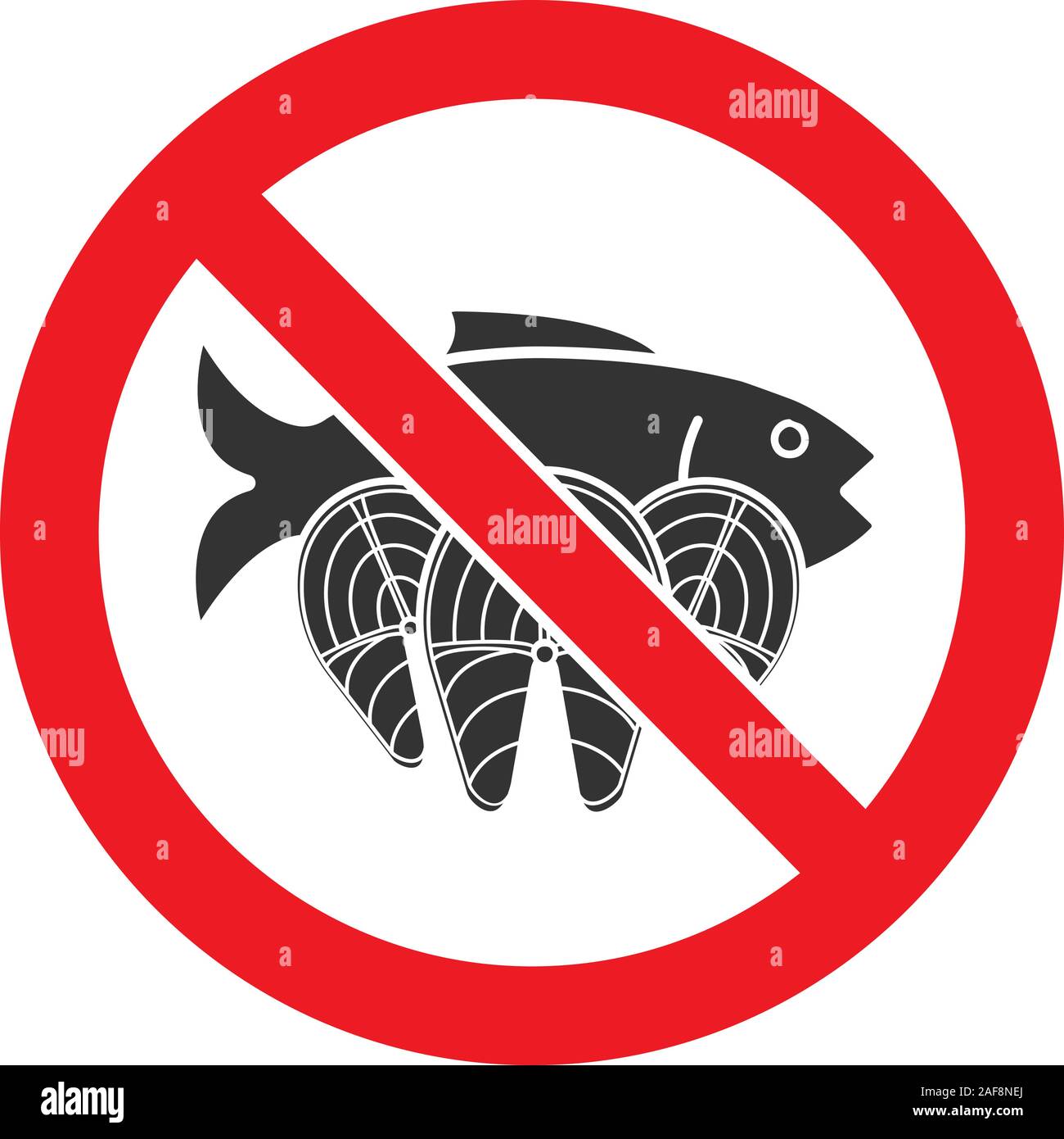 Forbidden sign with salmon fish glyph icon. Stop silhouette symbol ...
