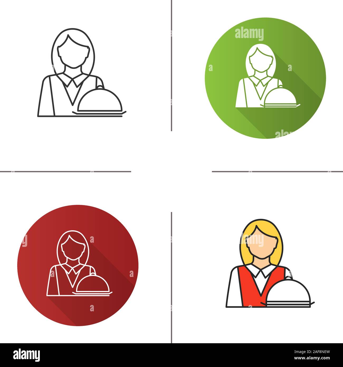 Waitress icon. Restaurant worker. Flat design, linear and color styles ...