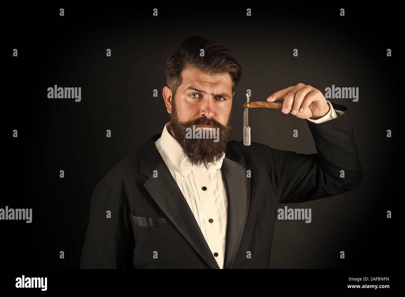 Sharp blade. Grow mustache. Growing and maintaining moustache. Man with ...