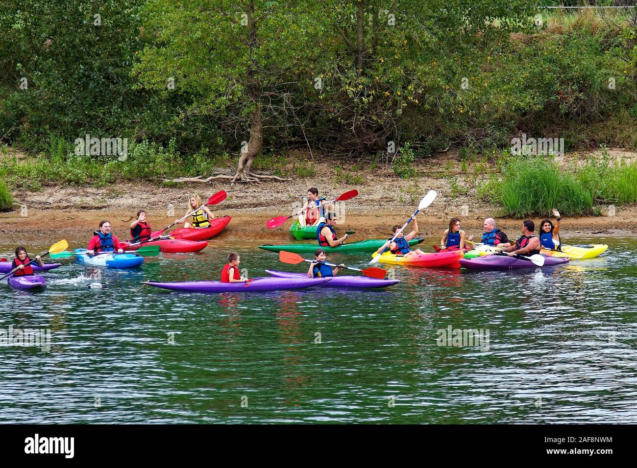 group kayaking, colorful, sport, fun, recreation, paddling, all ages ...