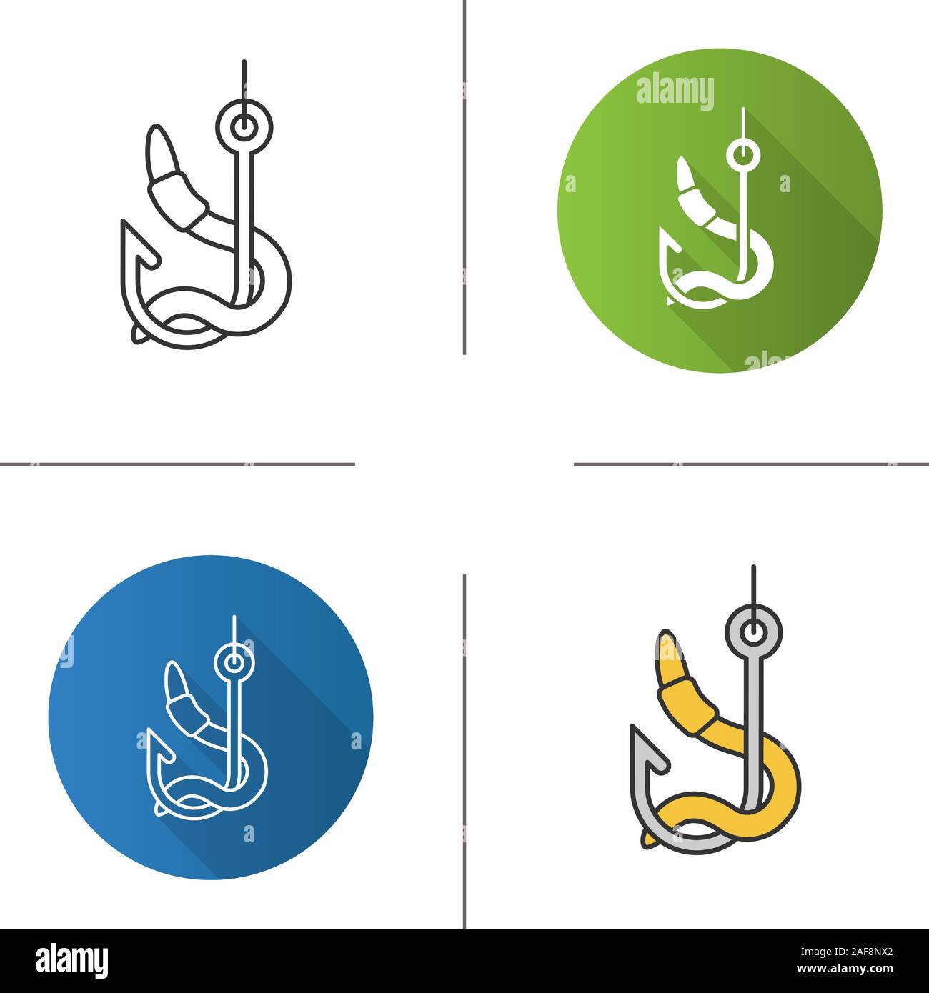 Worm on hook icon. Flat design, linear and color styles. Fishing live ...