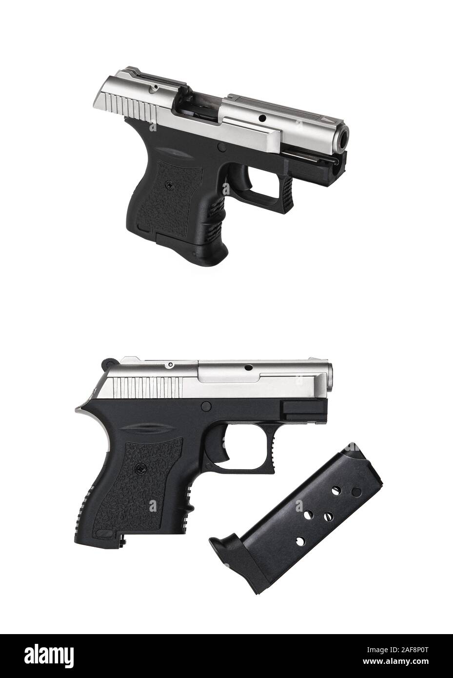 Black-silver modern gun pistol isolate on a white background. A small ...