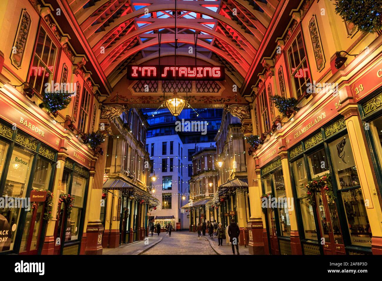 Leadenhall Market at Christmas, with 'I'm Staying' neon sign sculpture ...