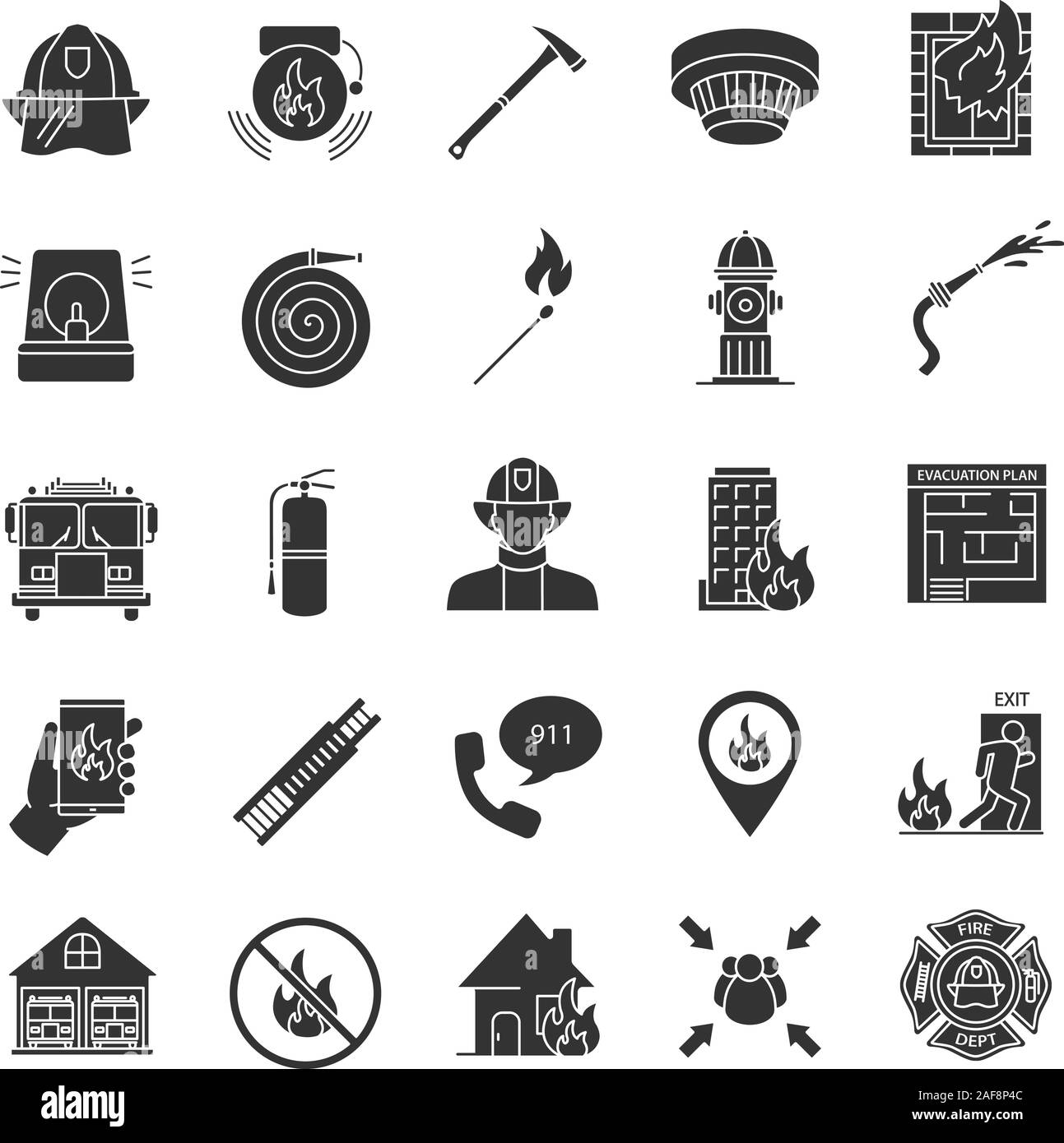Firefighting glyph icons set. Fire station equipment. Silhouette ...