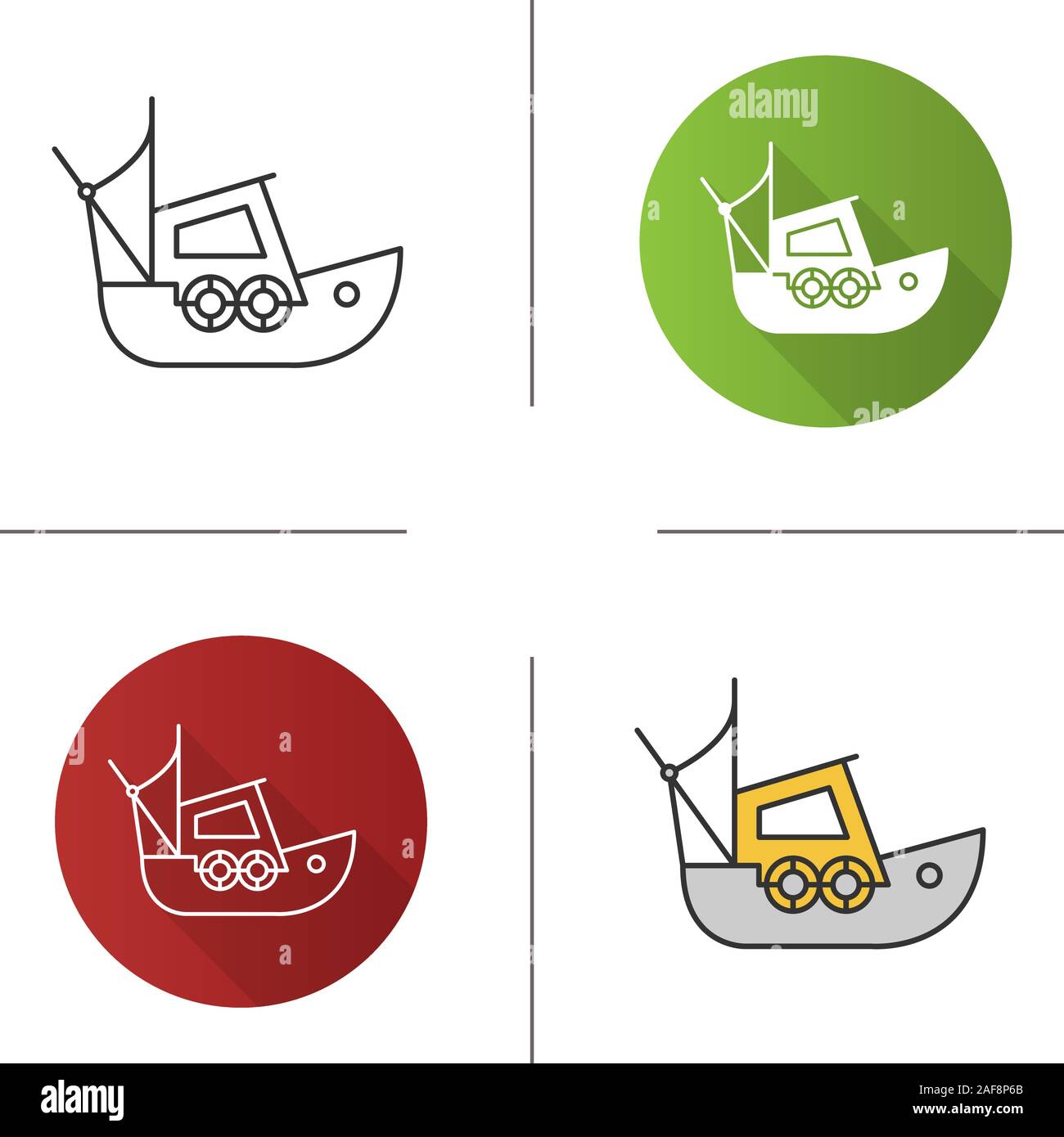 Fisher boat icon. Flat design, linear and color styles. Coble. Yacht ...