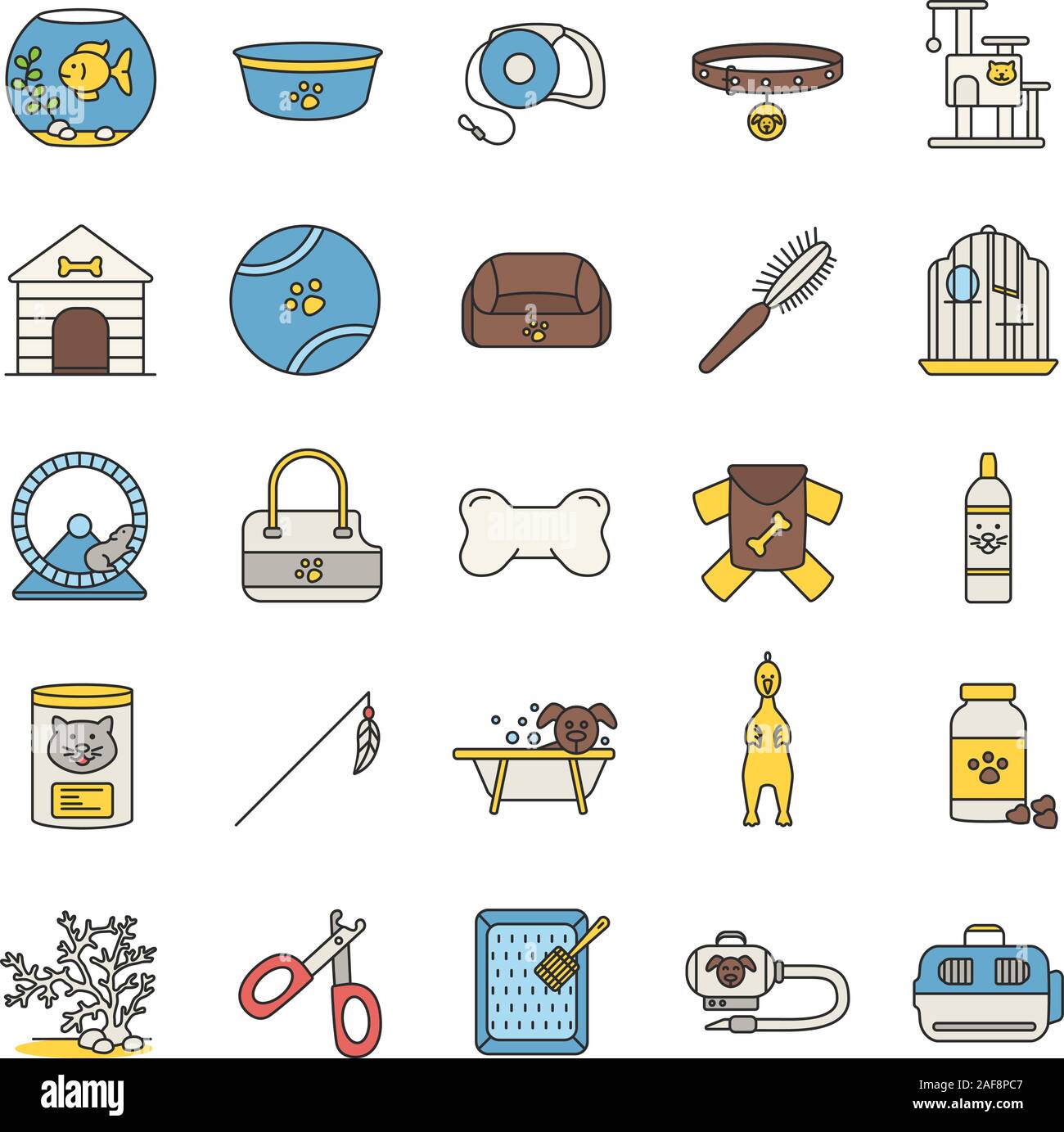 Pets supplies color icons set. Domestic animals goods. Pets food, toys ...