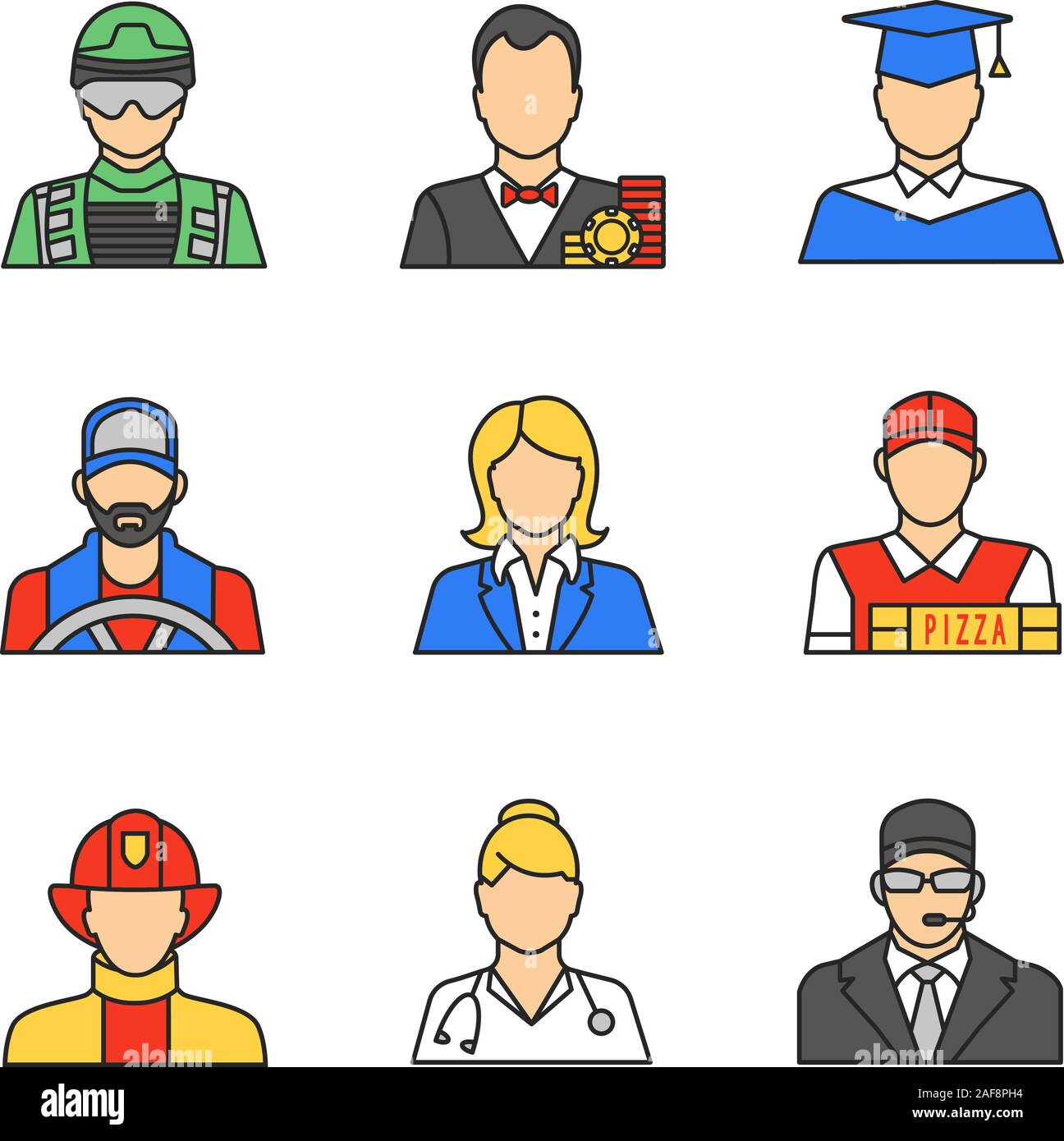 Professions color icons set. Soldier, graduate student, driver ...
