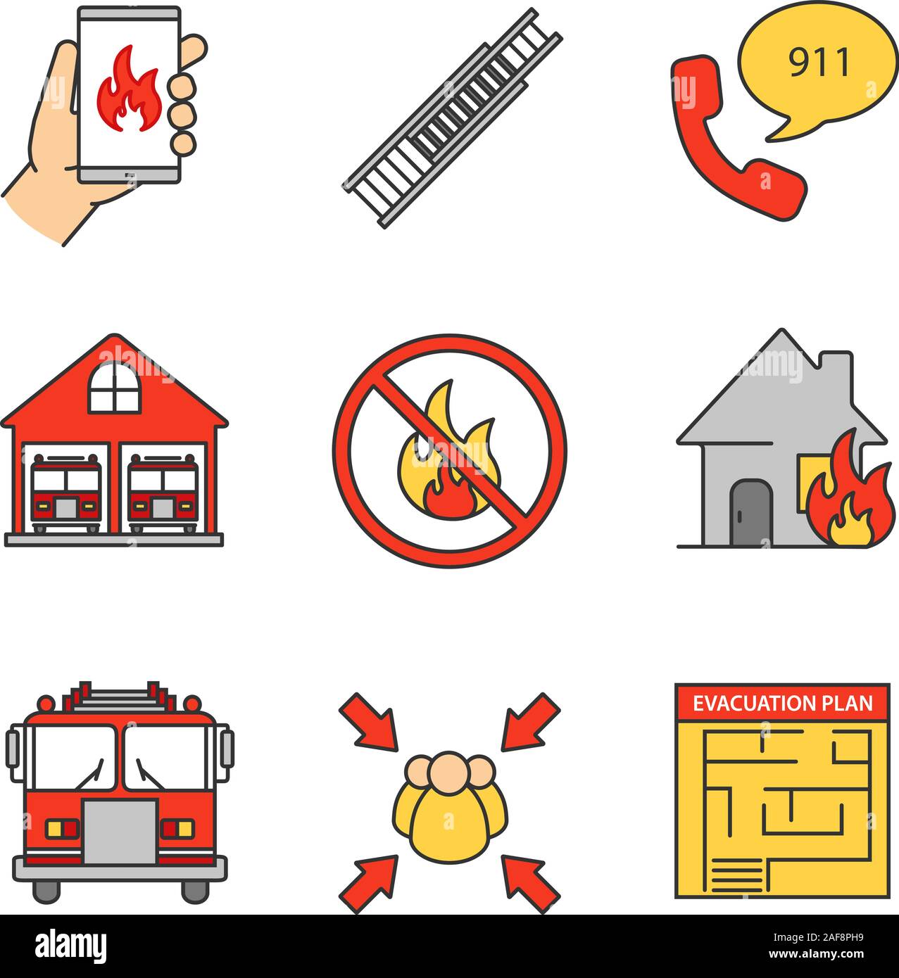 Firefighting color icons set. Emergency call, double extension ladder ...