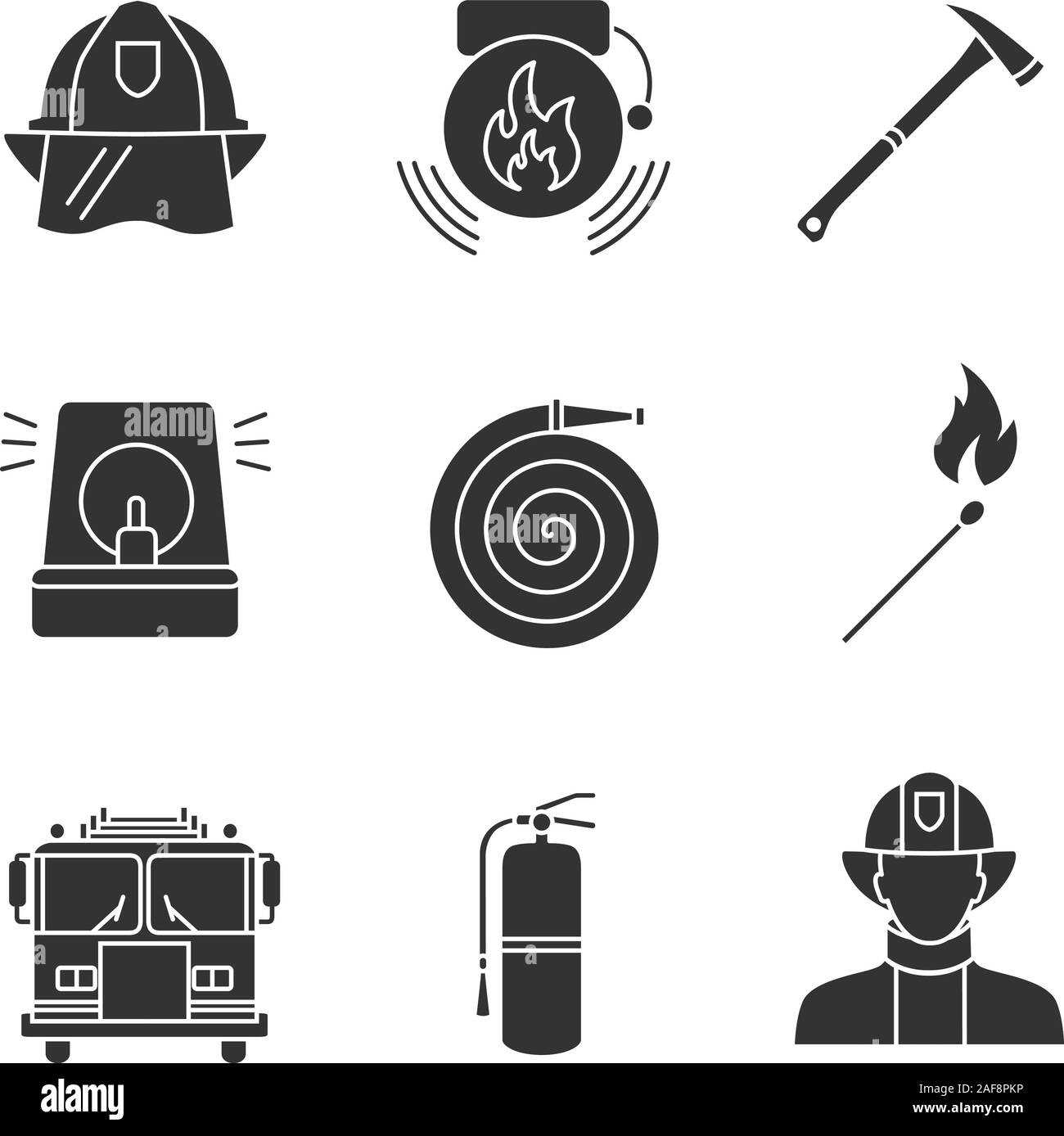 Firefighting glyph icons set. Hard hat, alarm bell, fireman siren ...