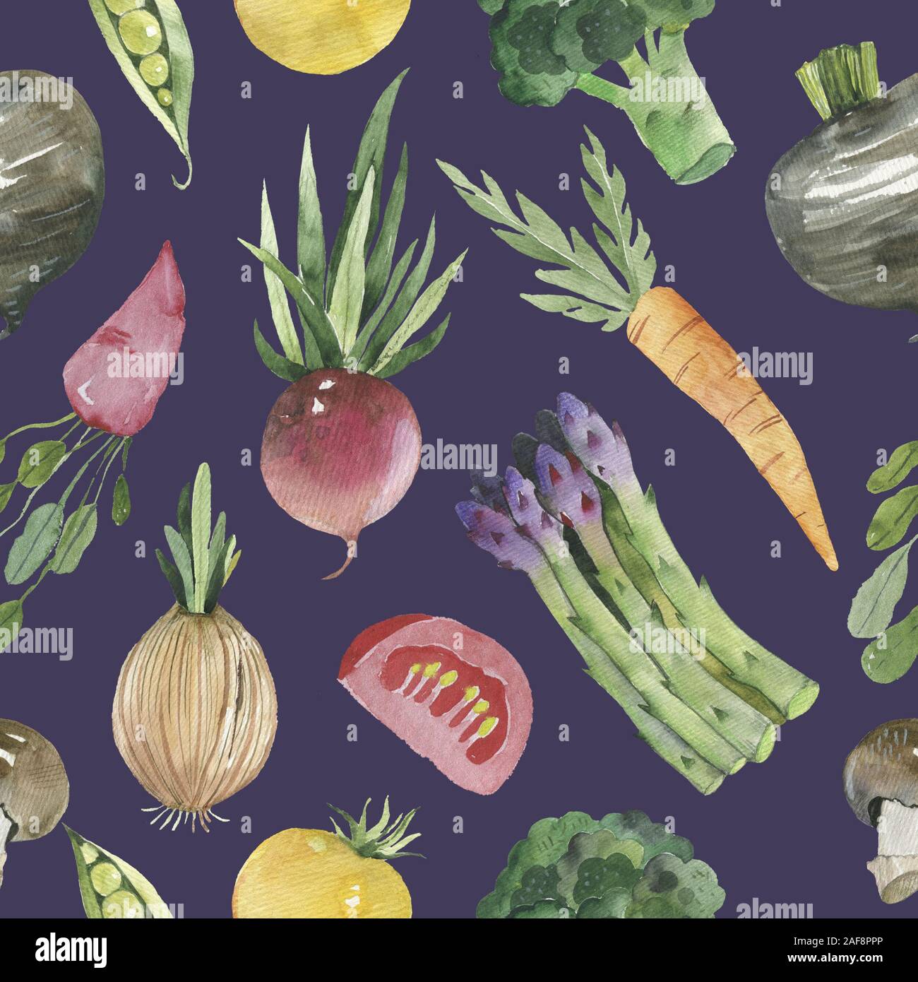 Watercolor vegetable seamless pattern on white background Stock Photo ...