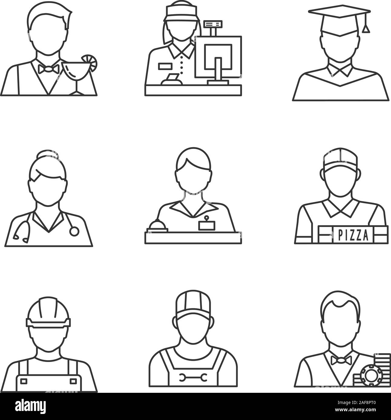 Professions linear icons set. Barman, cashier, graduate student, doctor ...