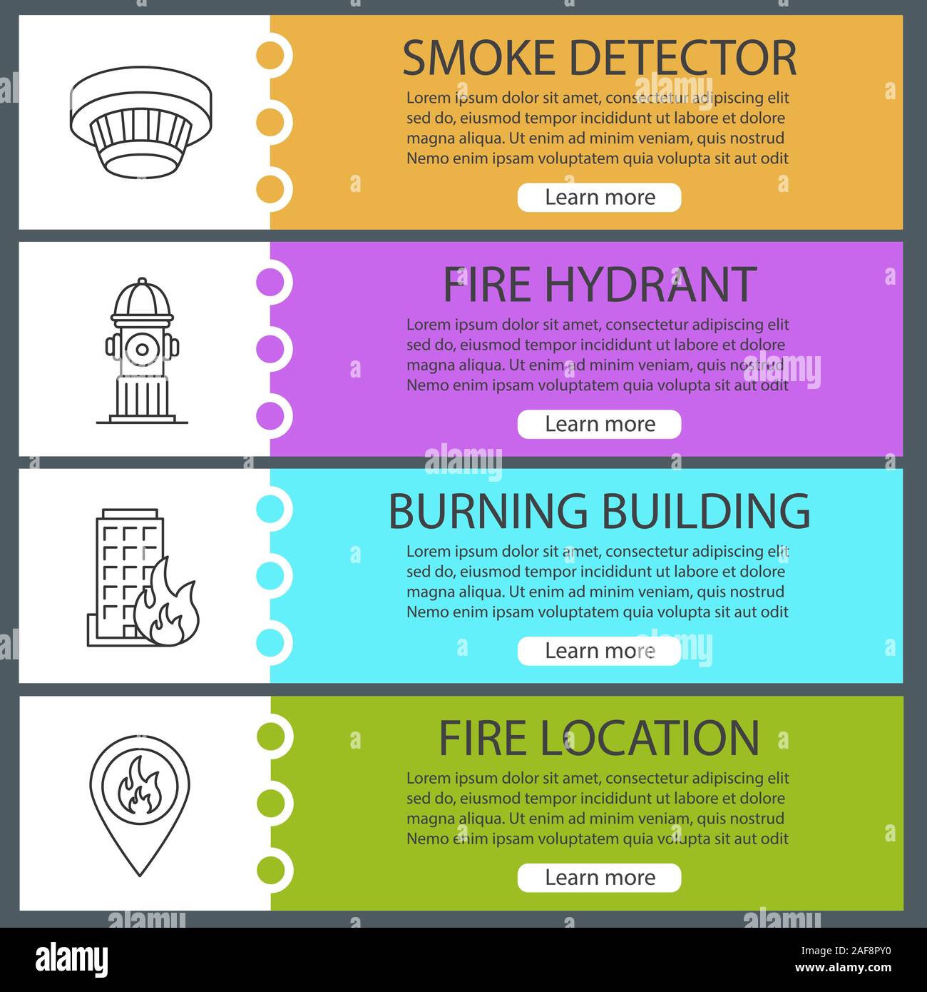Firefighting web banner templates set. Smoke detector, hydrant, burning ...