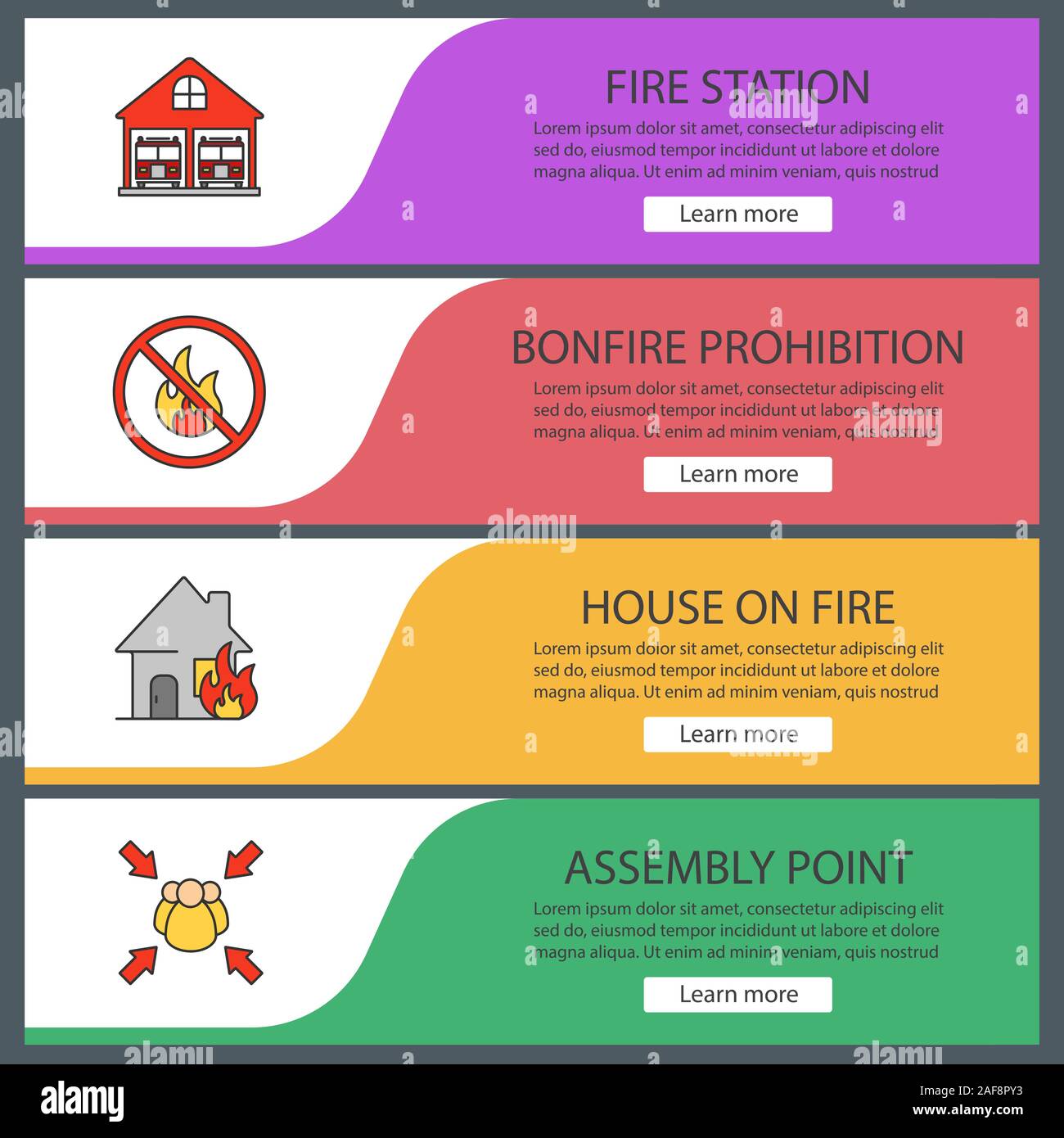 Firefighting web banner templates set. Fire station, bonfire ...