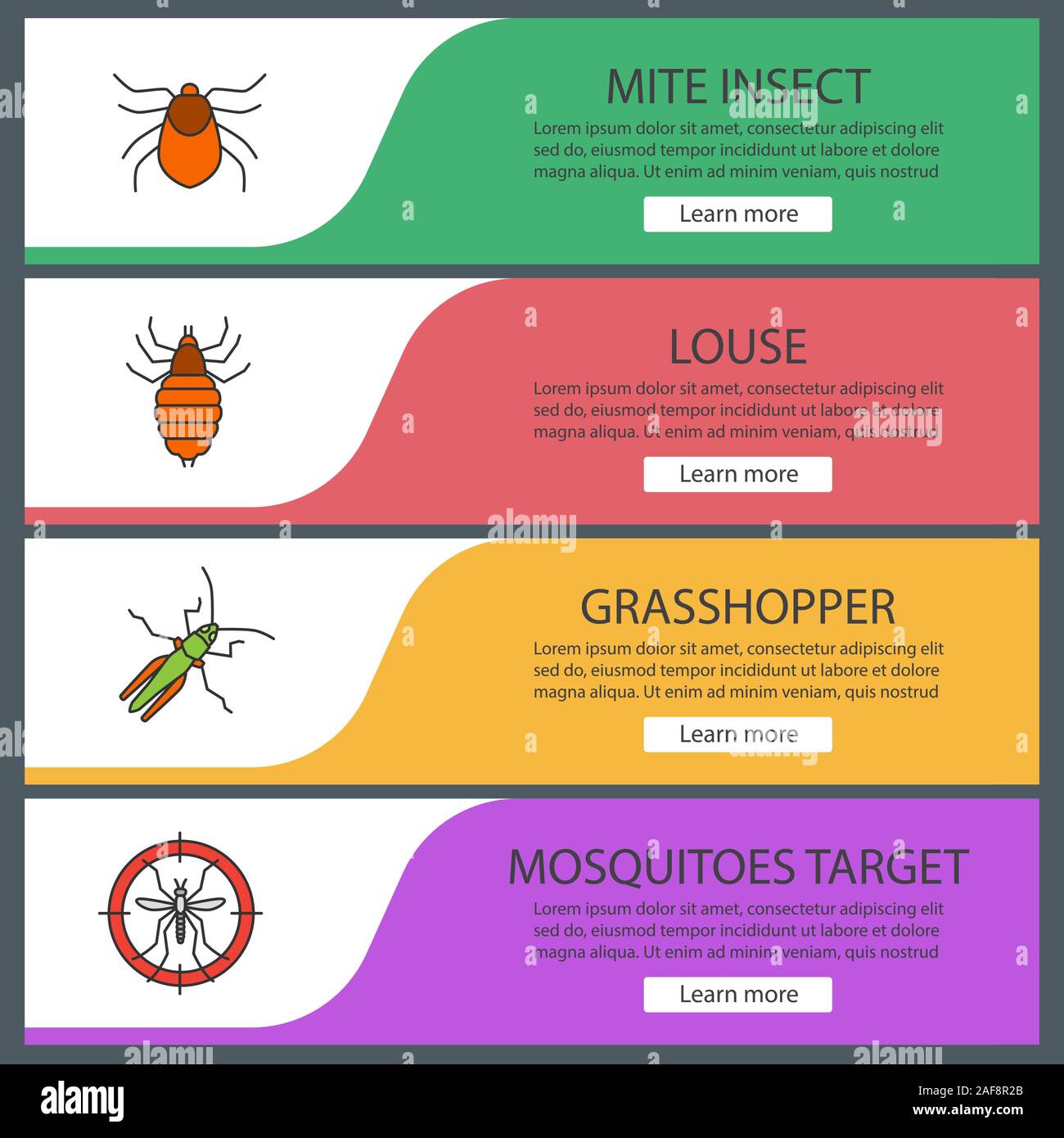 Pest control web banner templates set. Mite, louse, grasshopper ...
