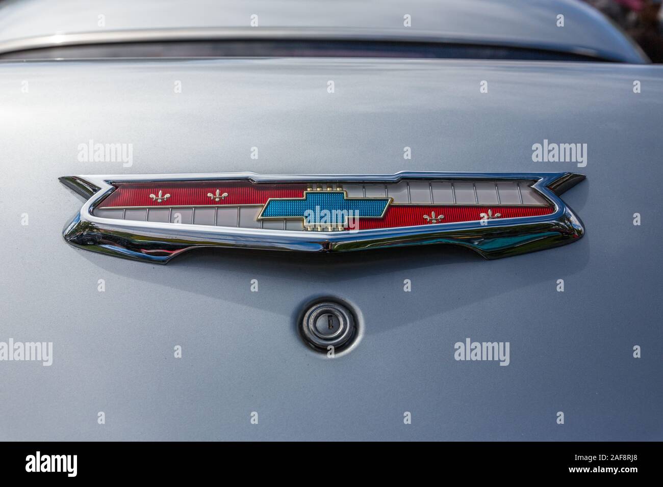 Detail of the Chevrolet emblem on a restored stock 1955 Chevy Bel Air 2 ...