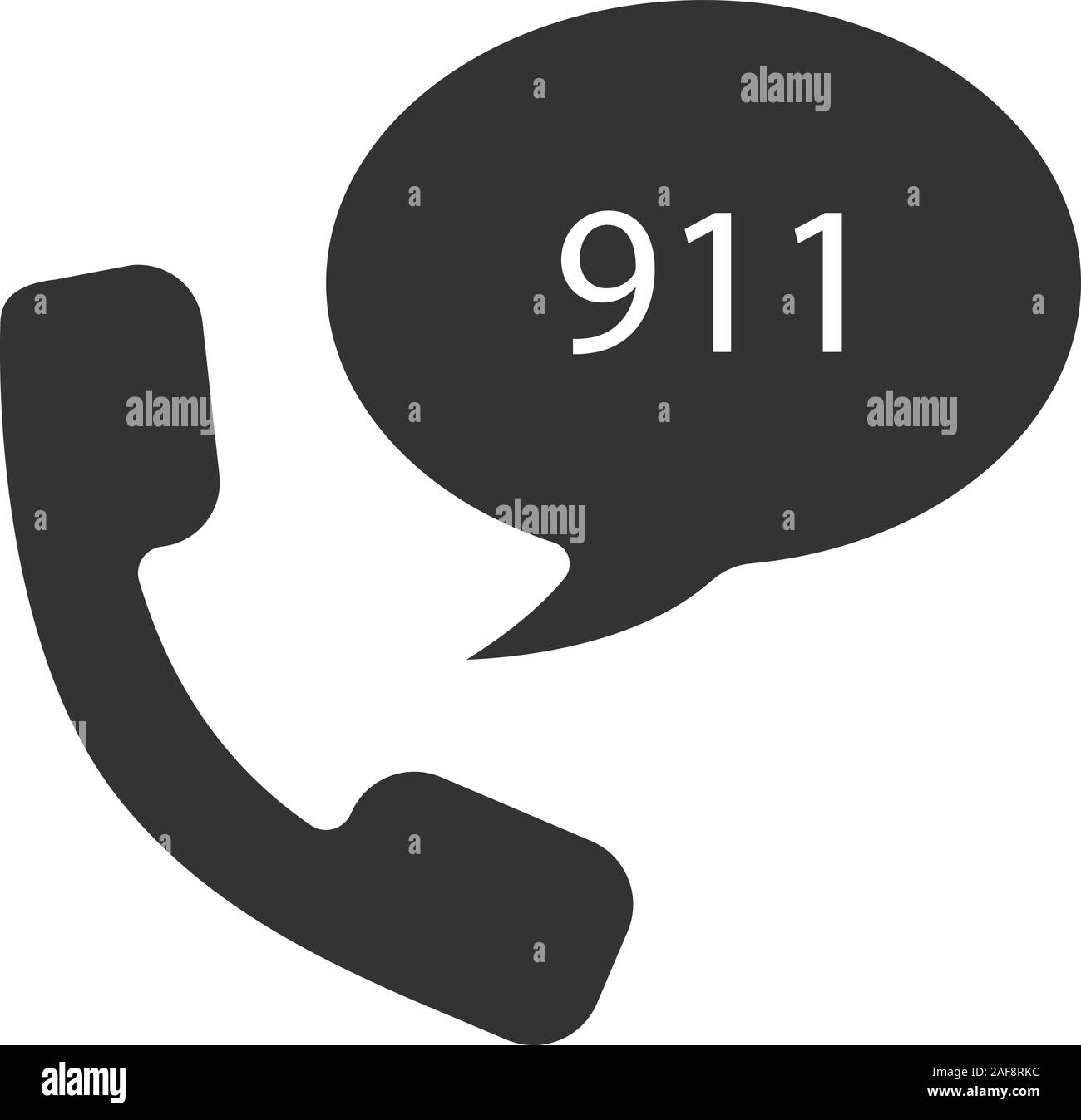 Emergency calling service glyph icon. Handset and speech bubble with 911 number inside ...