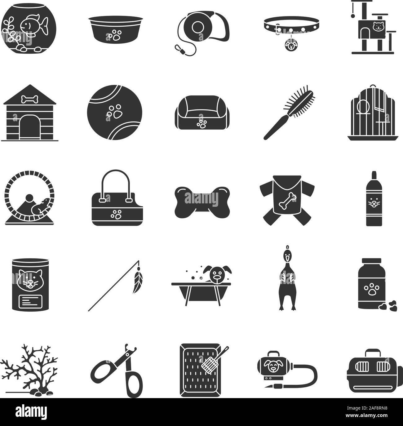 Pets supplies glyph icons set. Domestic animals goods. Pets food, toys ...