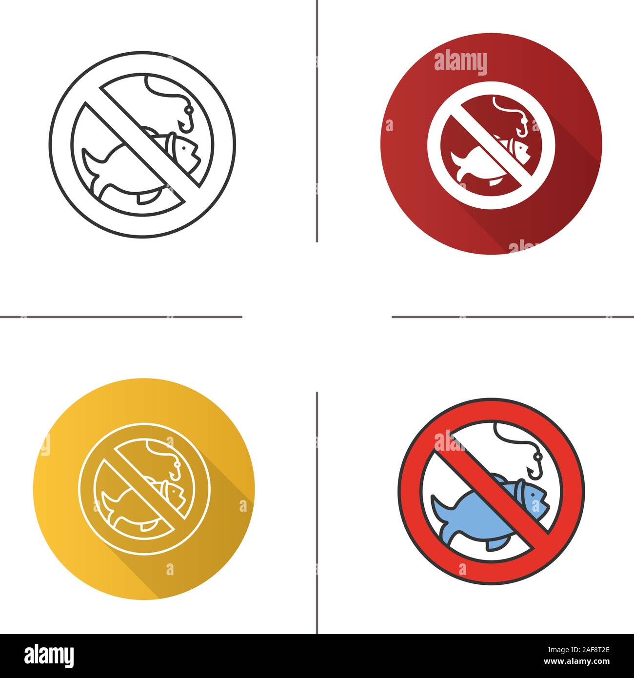 Forbidden sign with fish icon. Flat design, linear and color styles. No ...