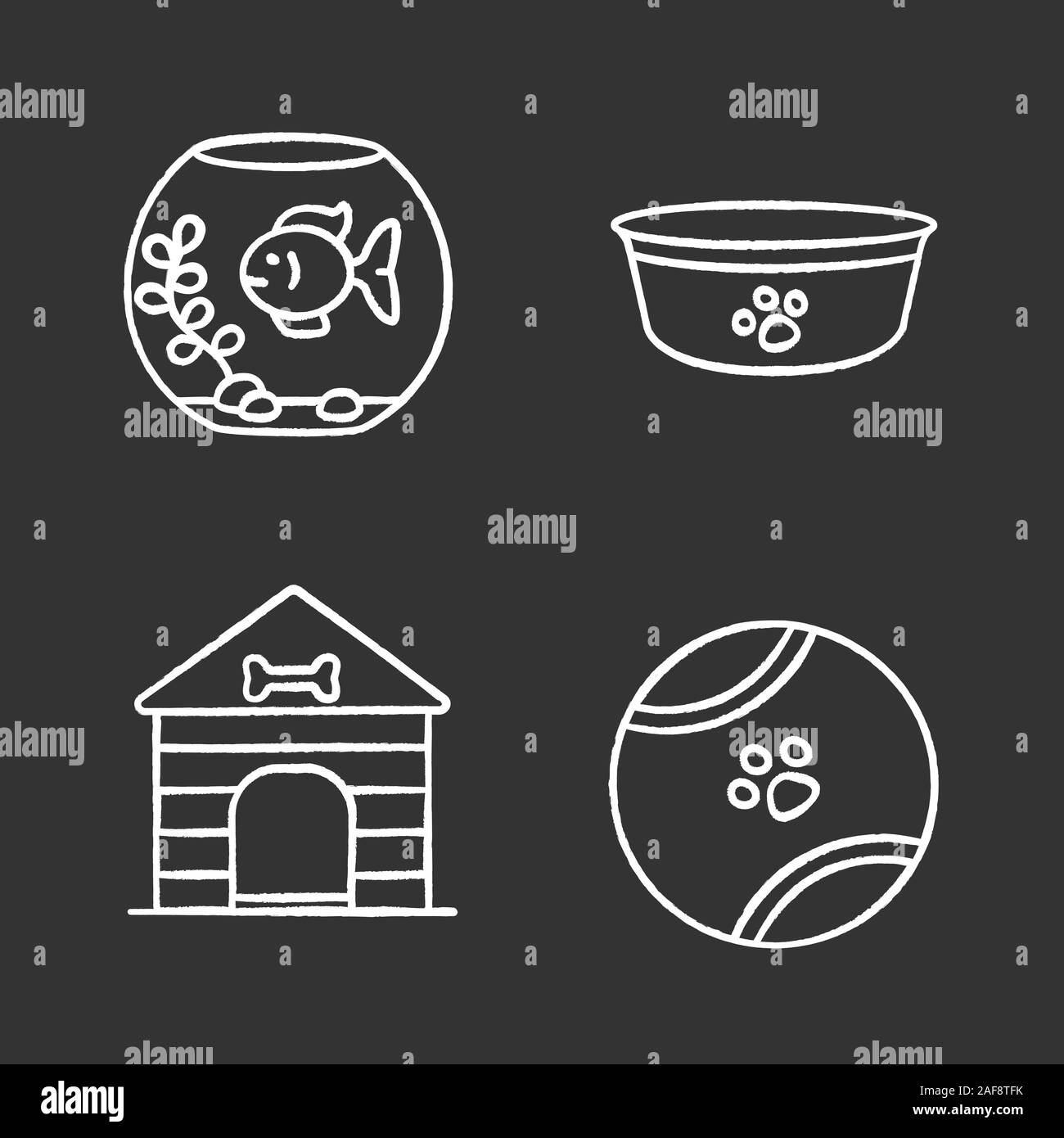 Pets supplies chalk icons set. Aquarium, dog bowl, doghouse, toy ball ...