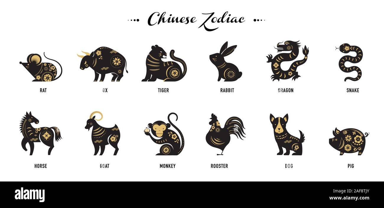 Chinese new year, zodiac signs, papercut icons and symbols. Vector ...