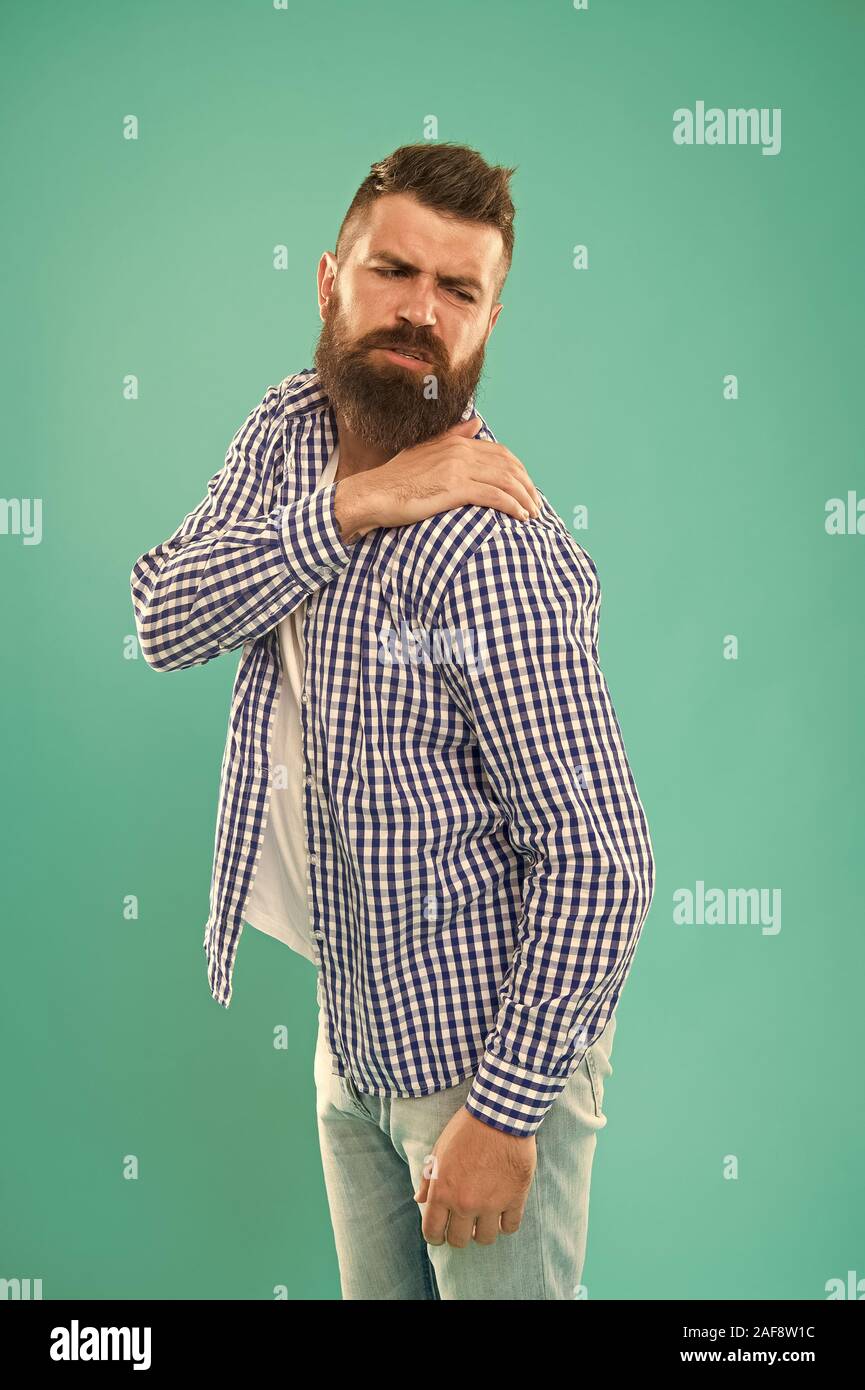 My back hurts. Man mature painful face got injured. Problems with ...