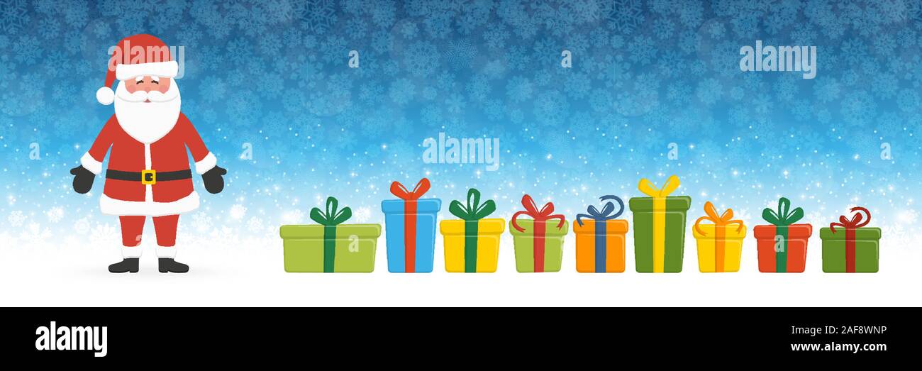 Santa Claus concept with colored gifts and blue snow fall background ...