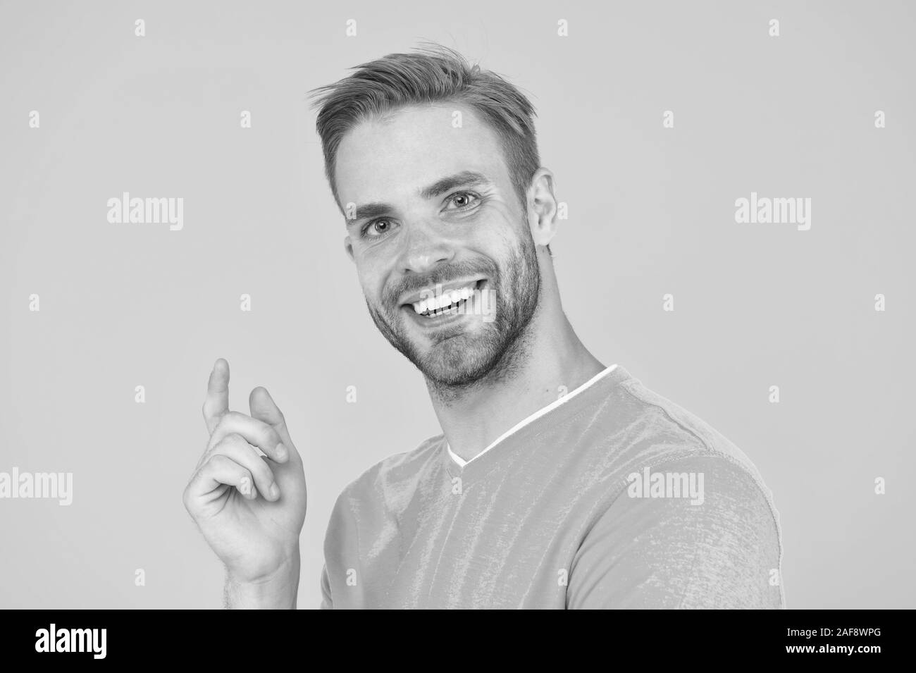 Keep youth. Kind smile. Self care. Handsome man yellow background. Well ...