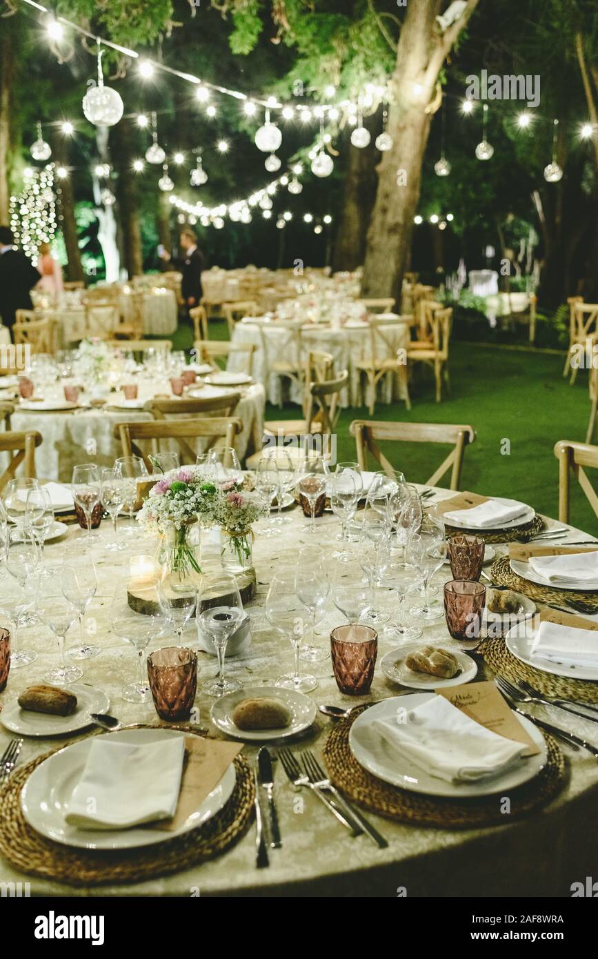 Beautiful decoration for a night wedding, illuminated with led lanterns ...