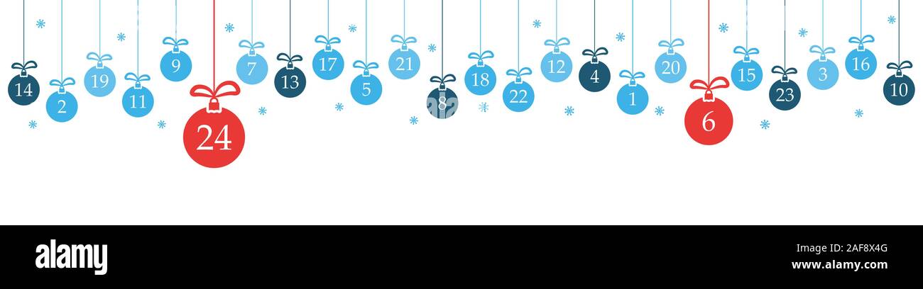 hanging christmas baubles colored blue with numbers 1 to 24 showing ...