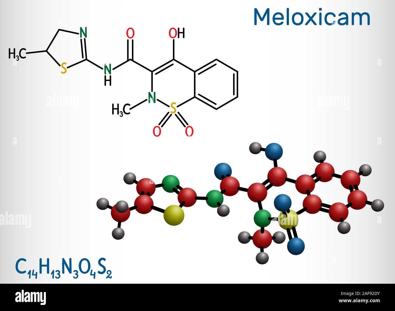 Meloxicam C14H13N3O4S2 molecule. It is a nonsteroidal anti-inflammatory ...