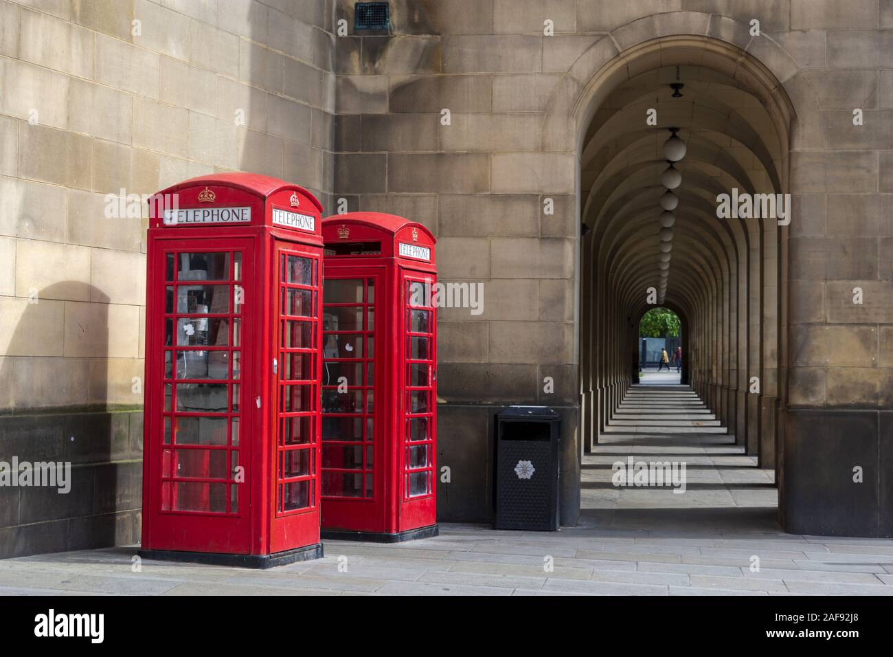 Red Phone Boxes, St Peter's Square, Manchester Stock Photo - Alamy