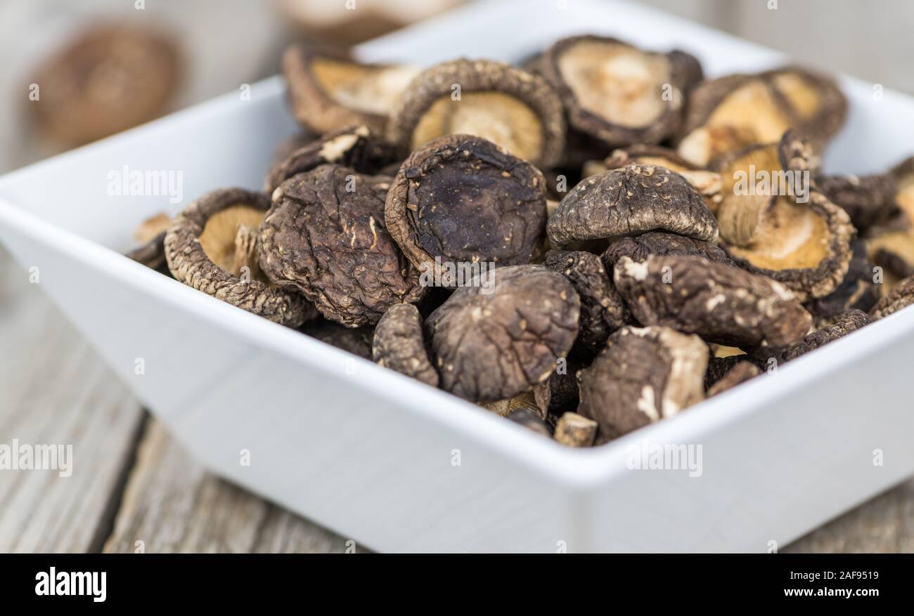 Dried Shiitake on a vintage background as detailed close-up shot ...