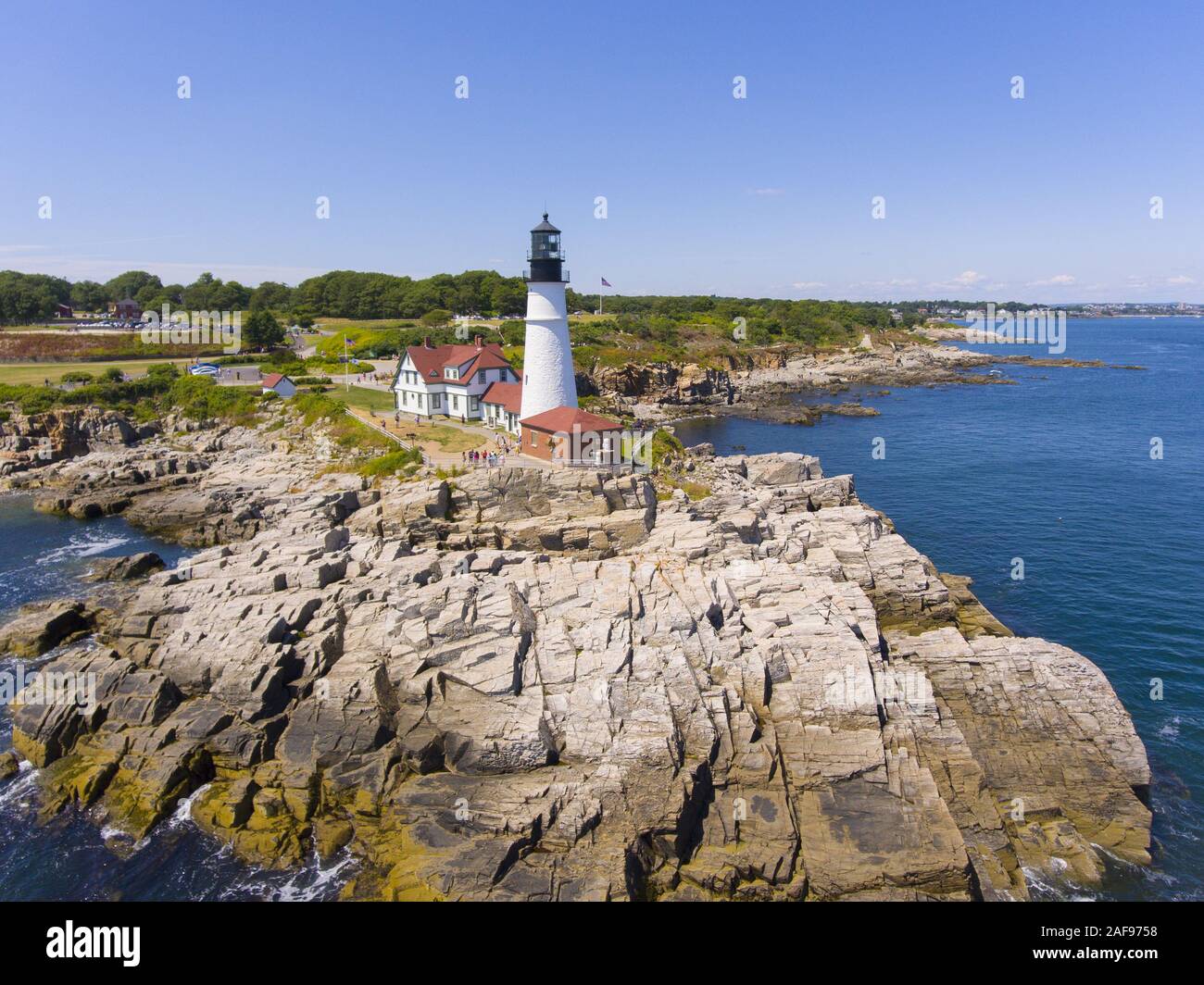 Portland Head Lighthouse aerial view in summer, Cape Elizabeth, Maine ...