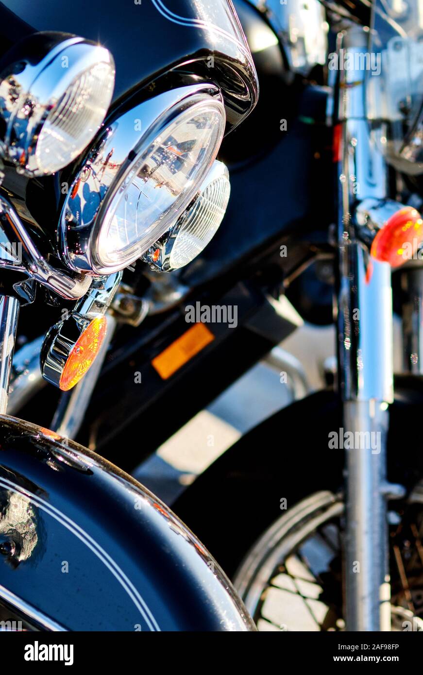 Modern motorcycle headlights close up view outdoors, vehicle part ...