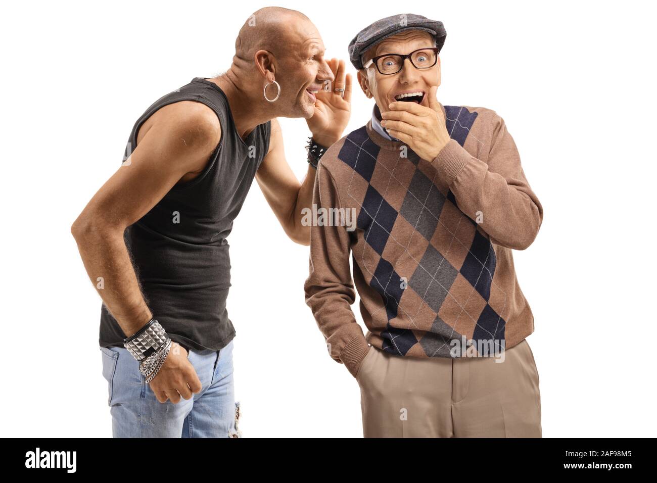 Man whispering a secret to an older gentleman isolated on white ...