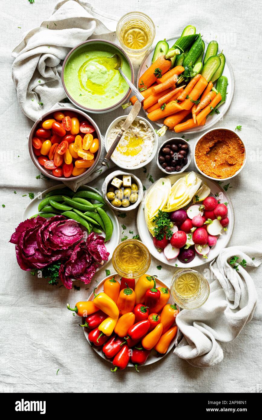 Assorted Raw Vegetable Appetizer Platter with three dips Stock Photo ...