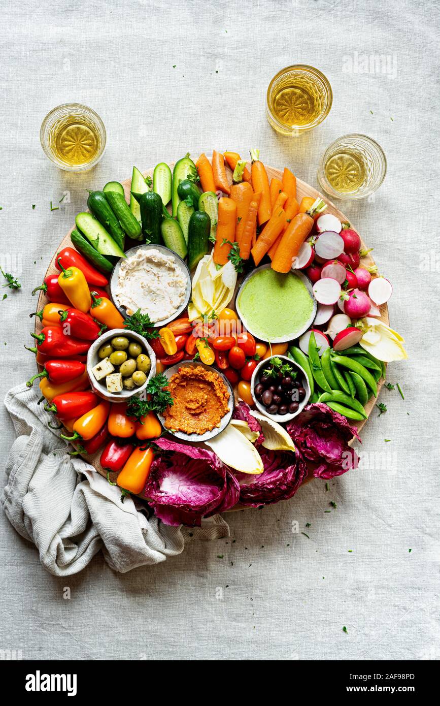 Assorted Raw Vegetable Appetizer Platter with three dips Stock Photo ...