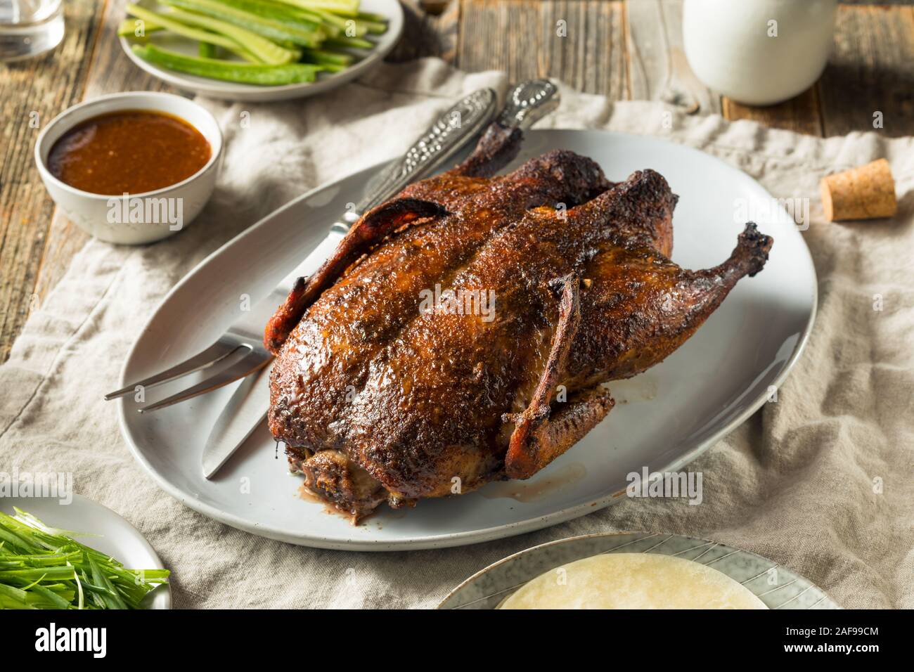 Homemade Roast Chinese Peking Duck with Cucumber and Scallions Stock ...