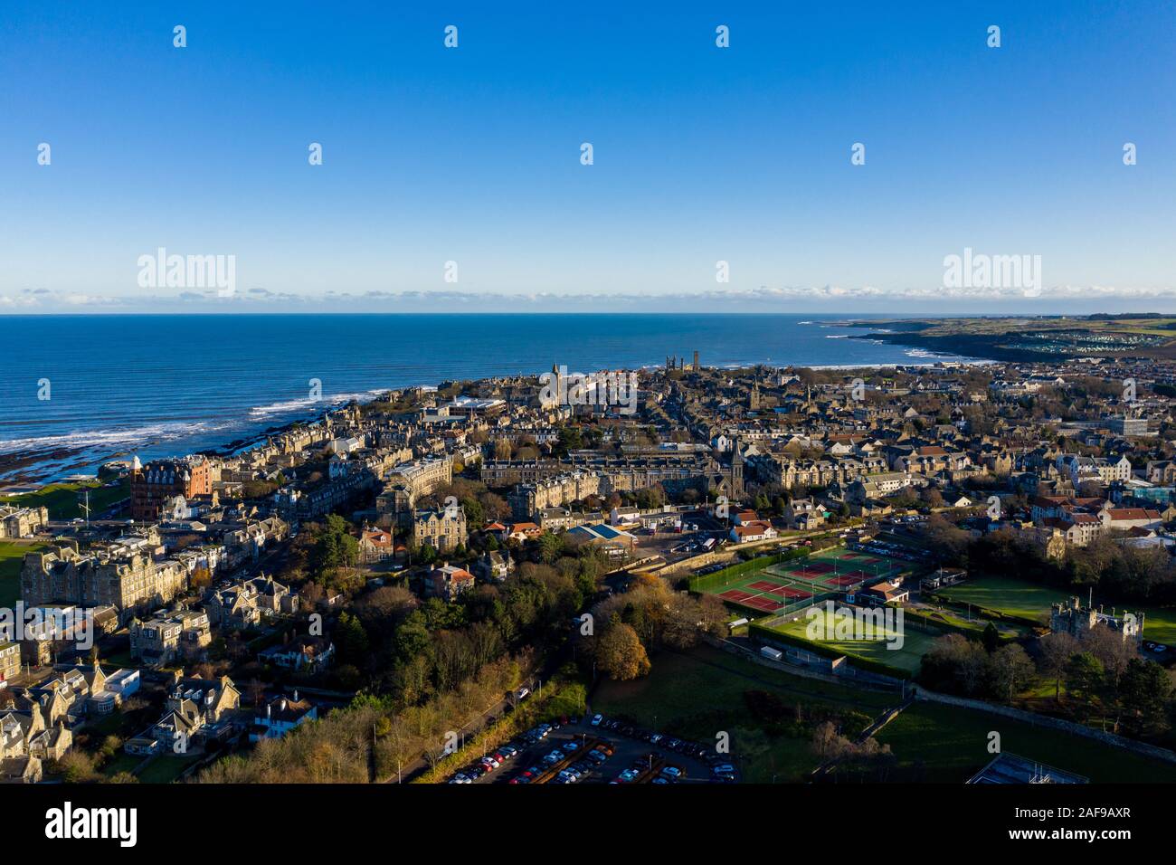 Aerial view of St Andrews from the town looking towards East Sands. The ...