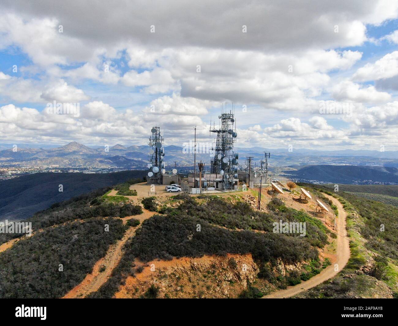 Aerial view of telecommunication antennas on the top of Mountain, SD ...