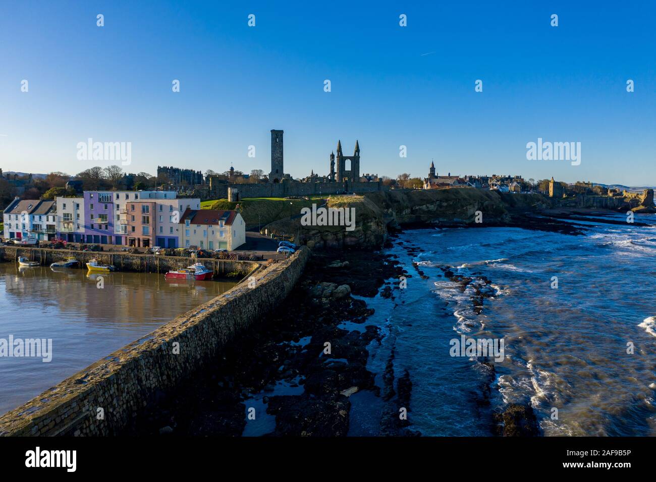 Unique Drone view from St Andrews Pier towards the ruins of the St ...