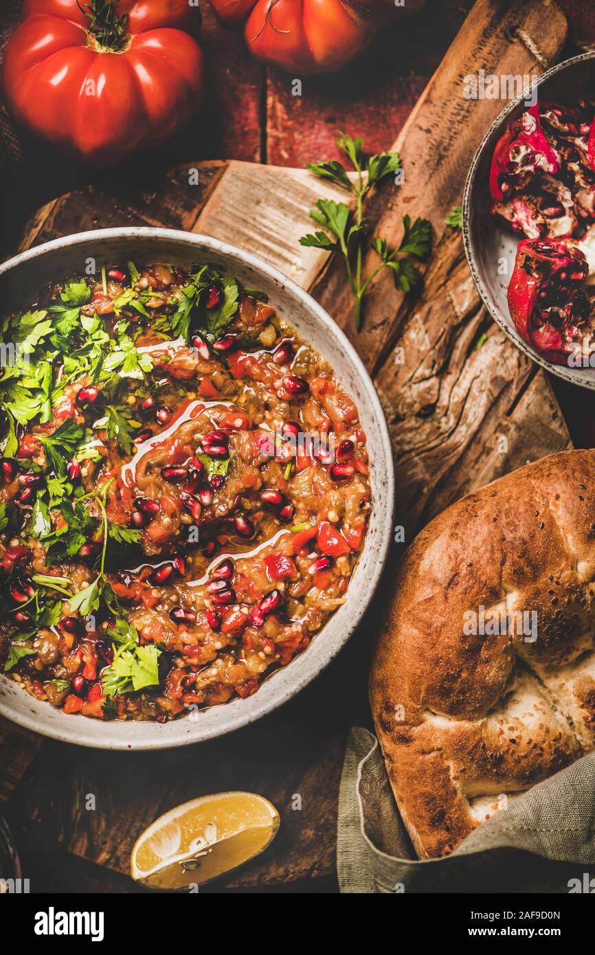 Turkish, Middle East traditional meze starter. Flat-lay of Babaganoush ...