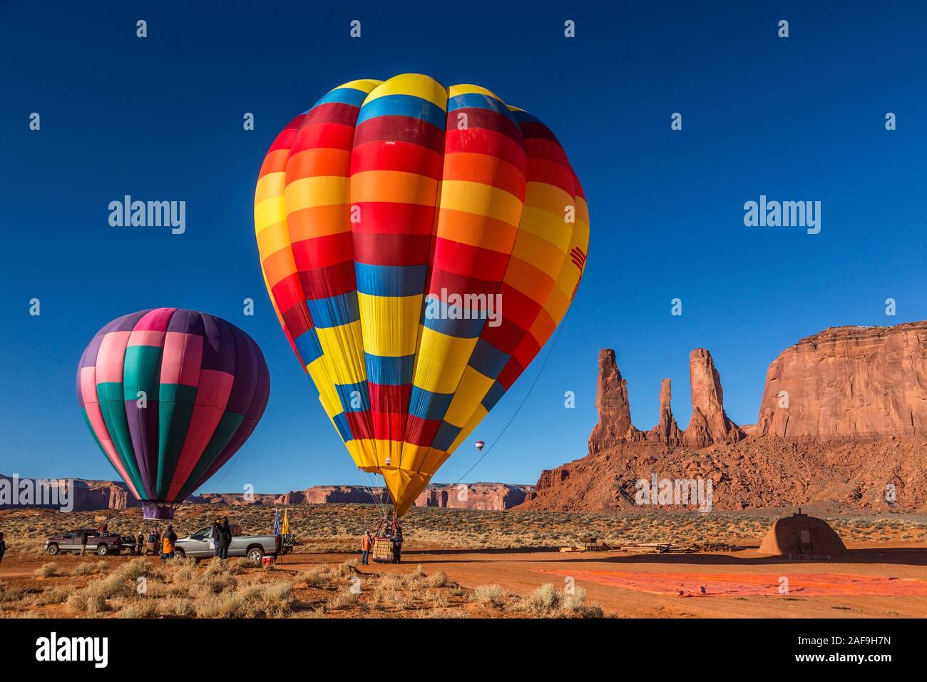 Two hot air balloons ready for launching in the Monument Valley Balloon ...