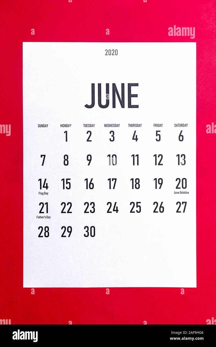 June 2020 calendar with holidays on red paper background Stock Photo ...